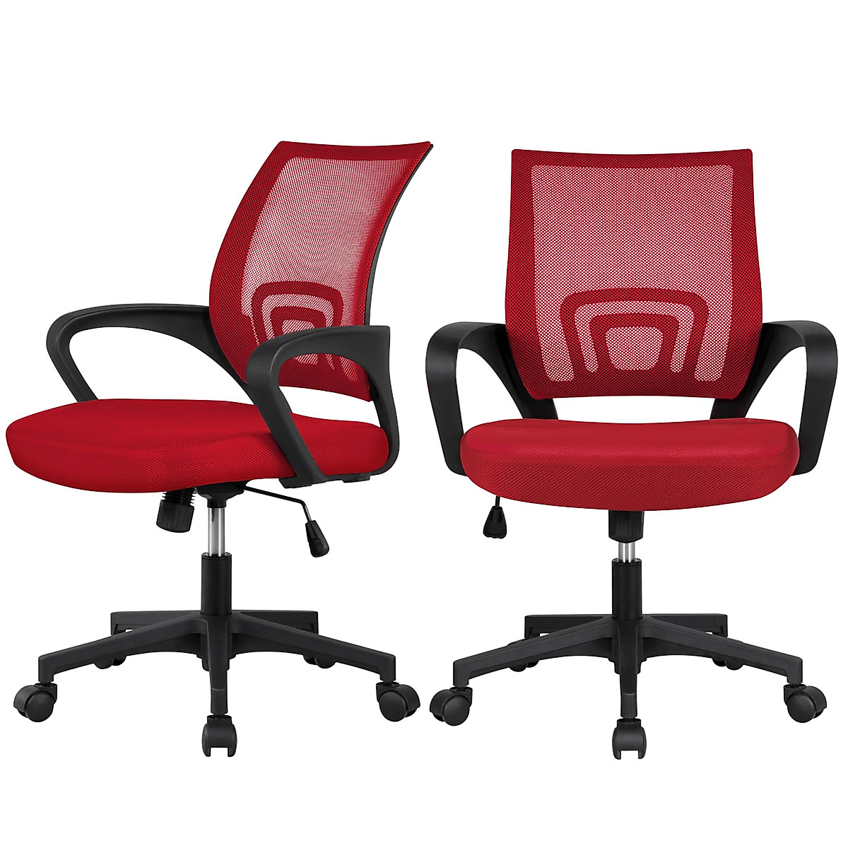 Yaheetech 2pcs Ergonomic Mesh Office Chairs, Computer Chair with Lumbar Support & 360° Rolling Casters 276lb Weight Capacity, Mid-Back Height Adjustable Task Chairs Red
