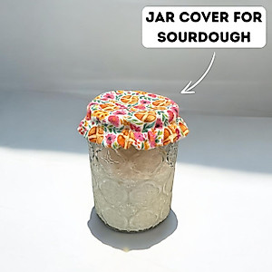 (4-Pack) Sourdough Reuseable Jar & Bowl Covers | Cute Baking Gift | 100% Cotton (3.7in, 7in, 9.25in, 11in) | Washable | Bread Making and Proofing | Kitchen Food Storage Gifting | Starter Cover Lid Kit