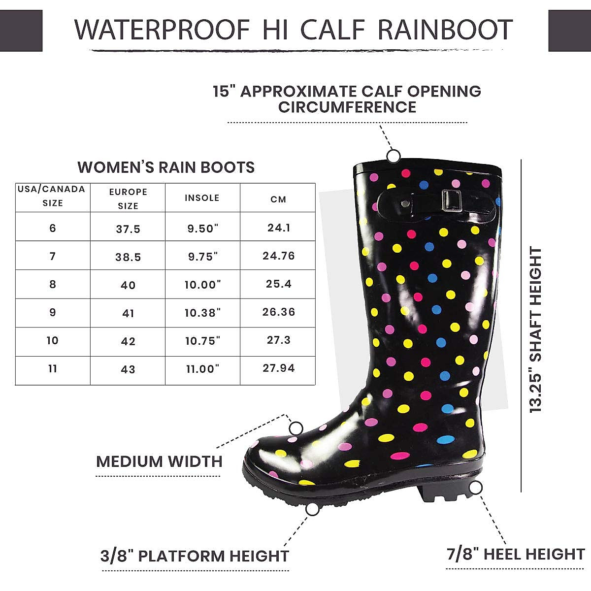 NORTY Women's Hurricane Rain Boots Knee High Calf Length - Glossy Matte Waterproof Rubber Tall Shoes - Multi Color Dot Size 9
