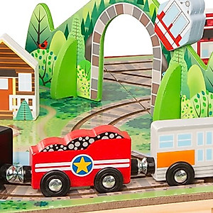 Melissa & Doug 17-Piece Wooden Take-Along Tabletop Railroad, 3 Trains, Truck, Play Pieces, Bridge - FSC Certified