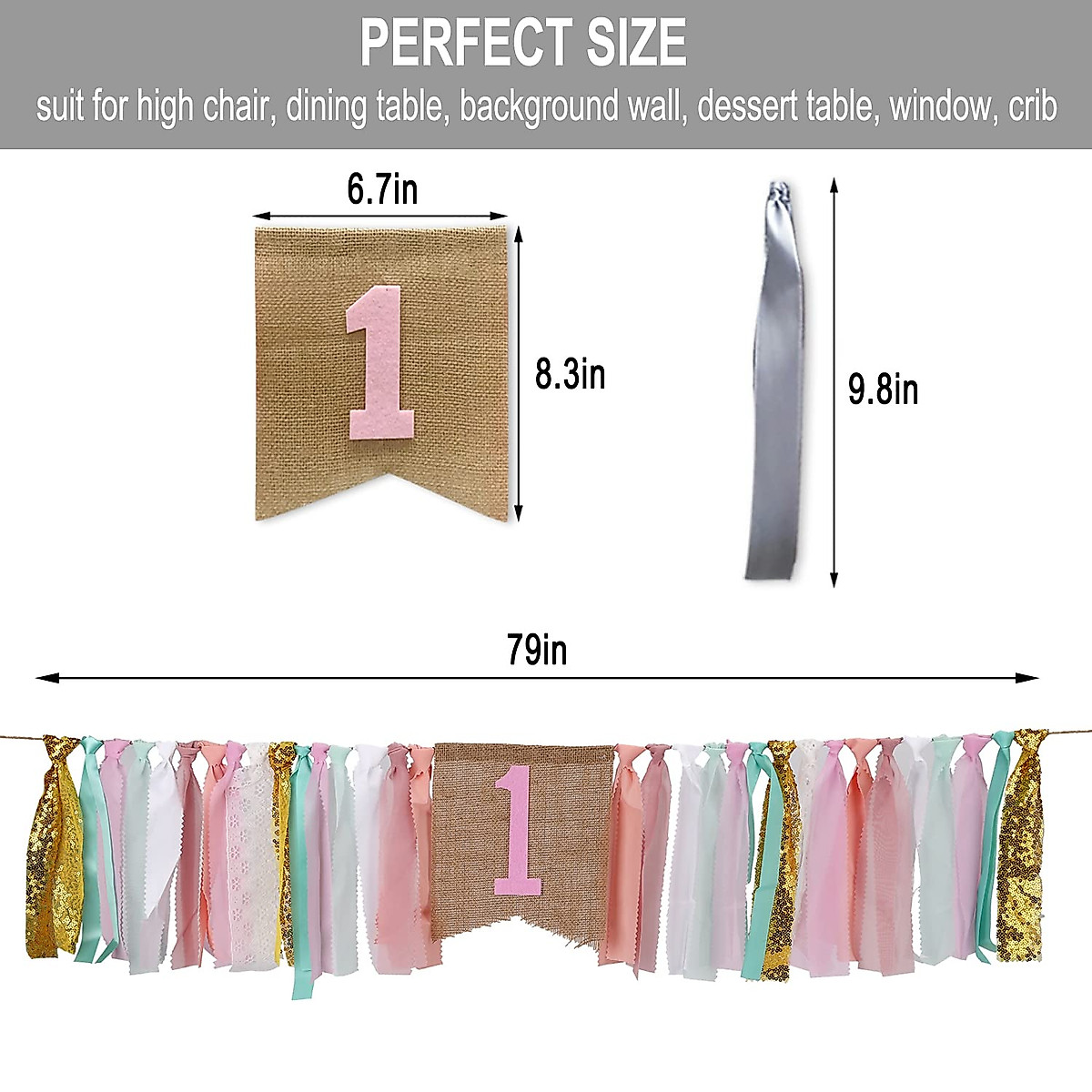 1st Birthday Banner For Baby, AULEGE First Birthday High Chair Banner, Party Theme Pull Flag for Baby 1st Birthday Party Supplies, Coral Pink