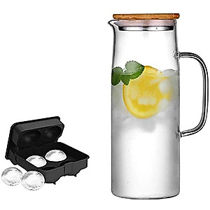 Glass Pitcher with Bamboo Lid - High Heat Resistance Stovetop Safe Pitcher for Hot/Cold Water & Iced Tea (1200ML 42oz)