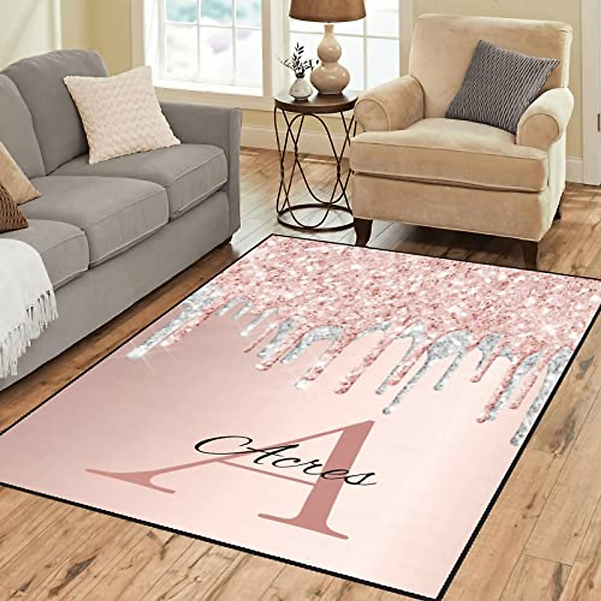 Personalized Pink Grey Drip 4'x5.2' Non-Slip Area Rug with Name Text Custom Carpet Floor Mat for Bedroom Living Room Home Decoration
