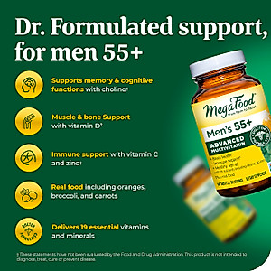 MegaFood Men's 55+ Advanced Multivitamin for Men - Doctor-Formulated -Choline, Vitamin D, Vitamin B12 – Plus Real Food – Brain Health Supplement for Adults & Immune Support - 60 Tabs (30 Servings)