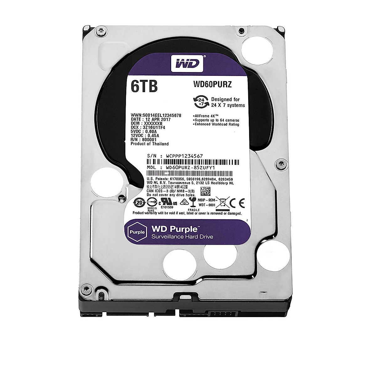 Western Digital 6TB WD Purple Surveillance Internal Hard Drive SATA 6Gb/s, 64MB Cache, 3.5 - WD60PURZ (Renewed)