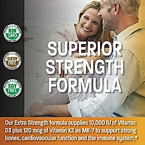 Bronson Vitamin K2 (MK7) with D3 Extra Strength Supplement Bone Health Non-GMO Formula 10,000 IU Vitamin D3 & 120 mcg Vitamin K2 MK-7 Easy to Swallow Vitamin D & K, 60 Capsules