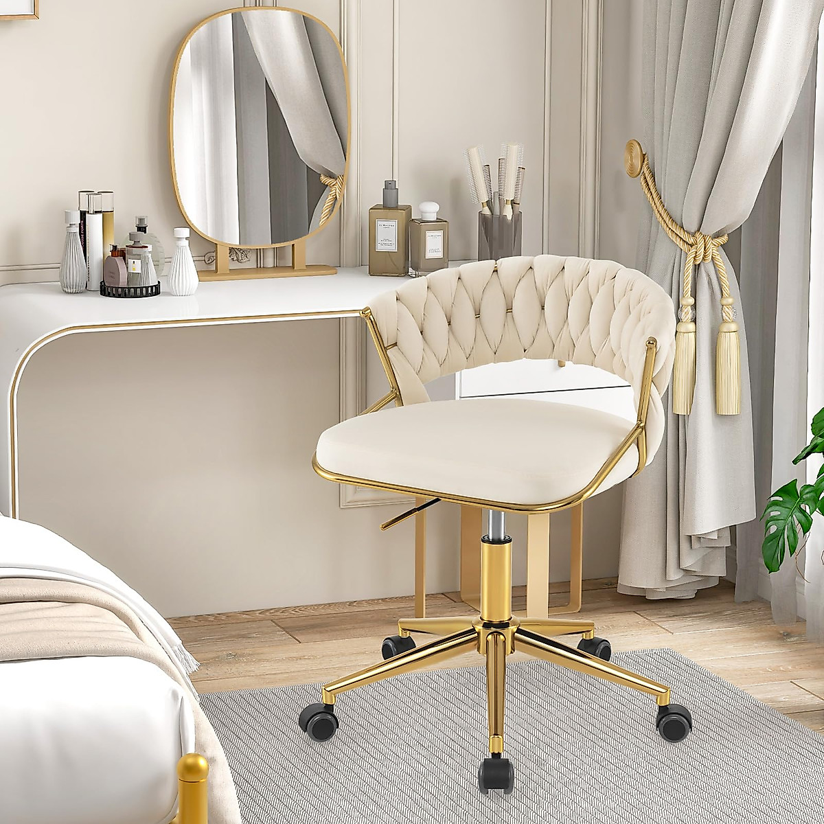 COSTWAY Velvet Office Desk Chair, Upholstered Makeup Vanity Chair w/Woven Back & Gold Base, Height Adjustable Swivel Computer Task Chair, Home Office Chair w/Wheels for Bedroom Study (Beige)