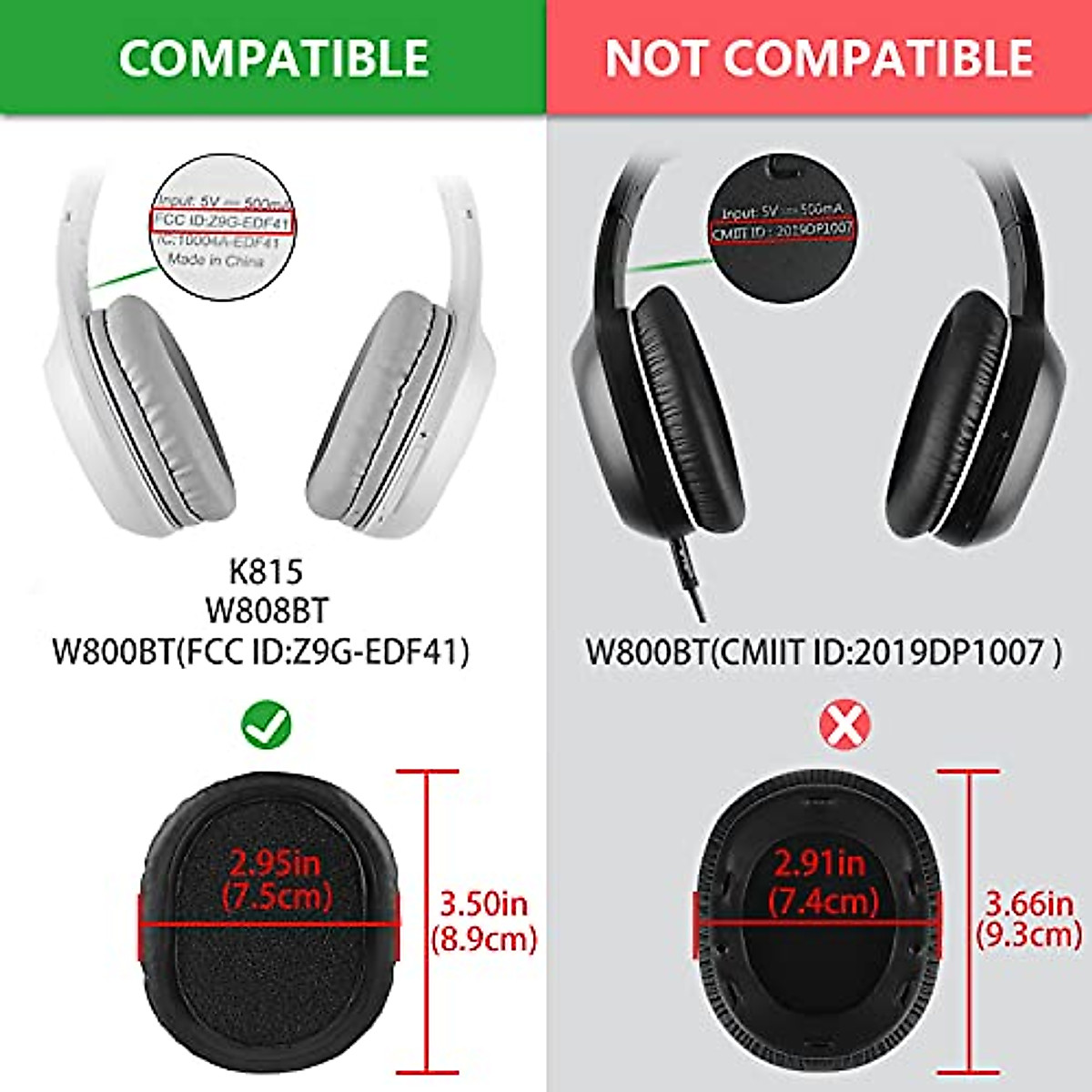 Geekria QuickFit Protein Leather Replacement Ear Pads for Edifier W800BT (FCC ID:Z9G-EDF41), K815, W808BT Headphones Earpads, Headset Ear Cushion Repair Parts (Black)