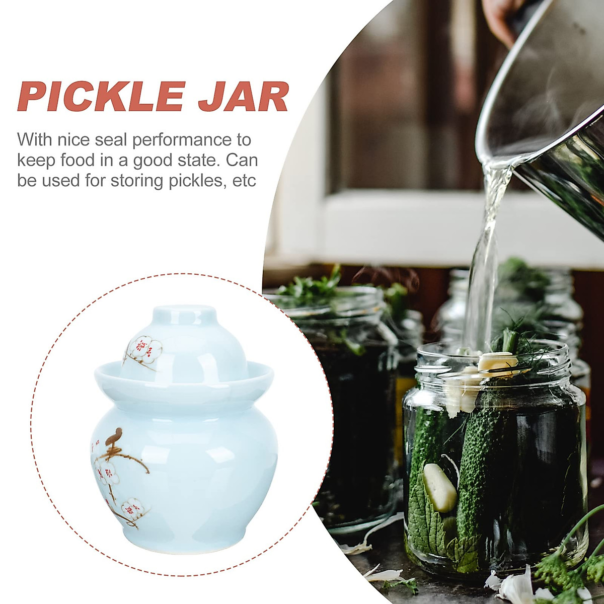 Luxshiny Pickle Jar Ceramic Chinese Pickling Jar Small Japanese Crock Kimchi Jar Pickled Cabbage Cylinder Tank Containers for Pickles Kimchi Appetizer Condiment - Blue