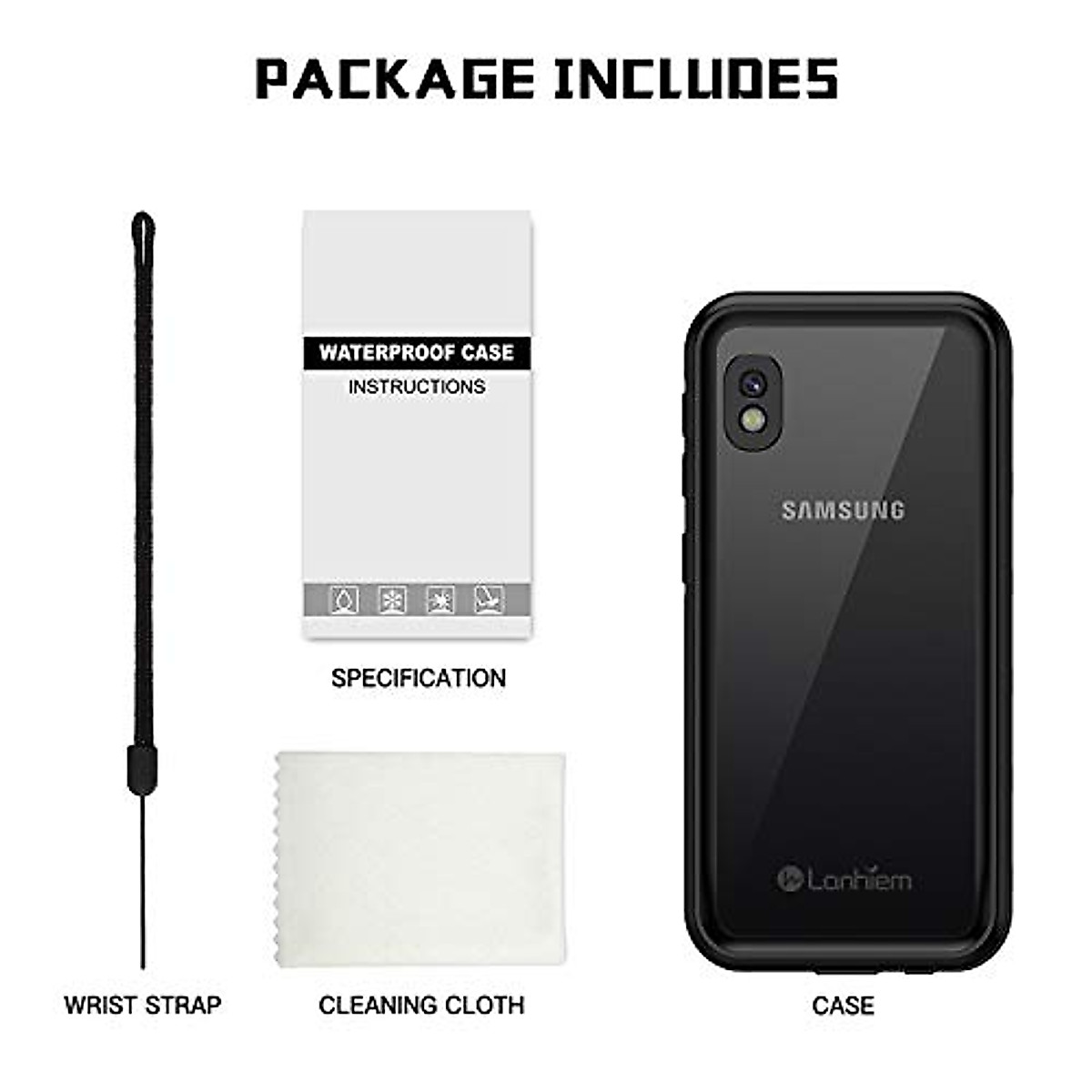 Lanhiem Samsung Galaxy A10E Case, IP68 Waterproof Dustproof Shockproof Case with Built-in Screen Protector, Full Body Sealed Underwater Protective Cover for Galaxy A10e (Black/Clear)