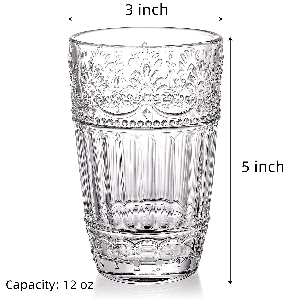 AVLA 6 Pack Romantic Water Glasses, 12 OZ Drinking Glasses Tumblers, Vintage Iced Coffee Glassware Set, Premium Bar Drinkware Cup for Beverages, Tea, Juice, Whiskey, Cocktail, Embossed Design