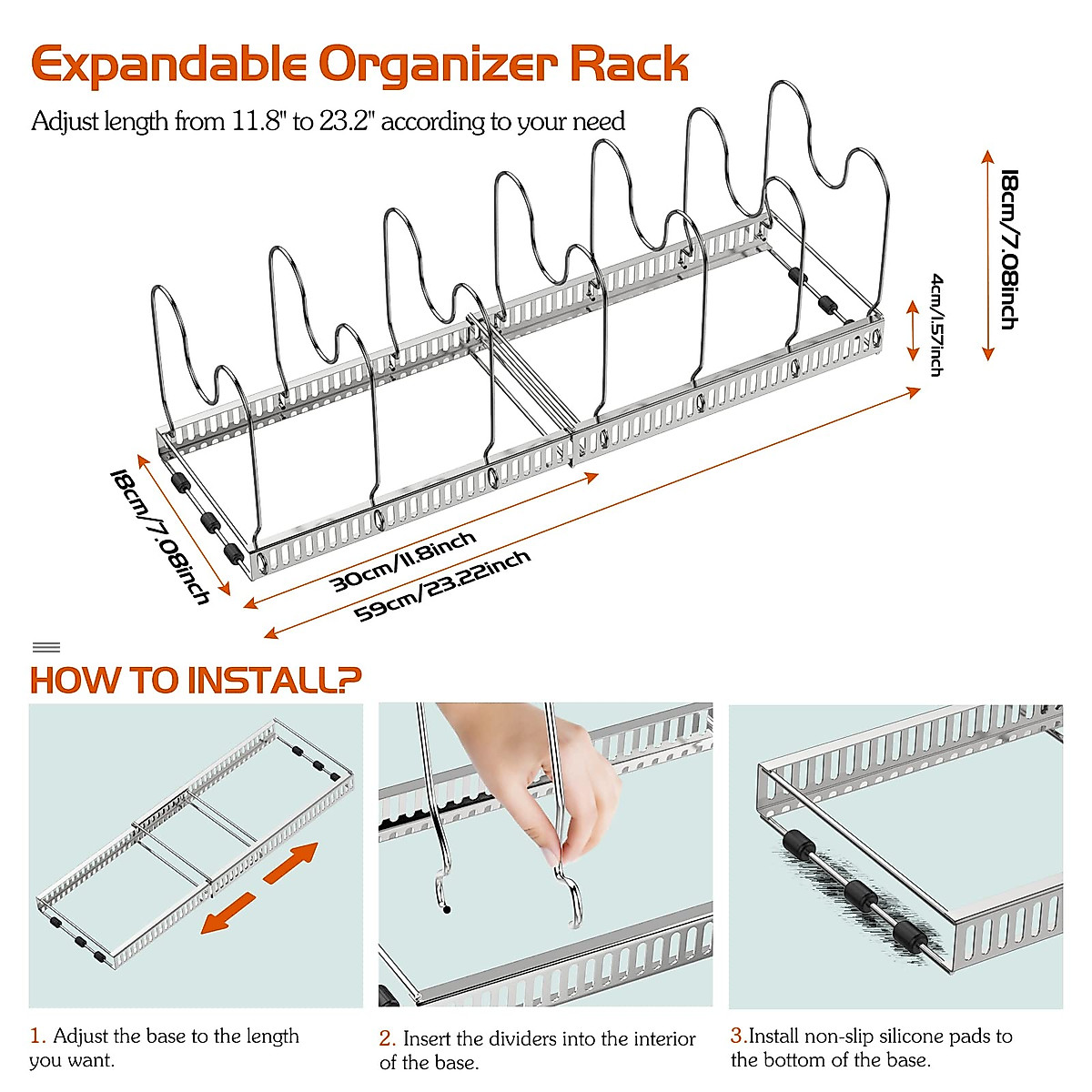 Housolution Pot and Pan Organizer Rack for Cabinet, Stainless Steel Expandable Pot Lid Organizer with 14 Adjustable Dividers, Pot and Pan Holder Rack Storage Organizer for Kitchen, Silver