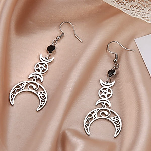 TEAMER Stainless Steel Crescent Goddess Black Birthstone Witches Knot Earrings Triple Moon Wicca Pentagram Gothic Celtic Knot Drop Earrings (Triple Moon - Steel)