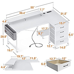 ODK 55 inch L Shaped Computer Desk with USB Charging Port & Power Outlet, L-Shaped Corner Desk with 4 Tier Drawer & Monitor Shelf for Home Office Workstation, Modern Style Writing Table, White