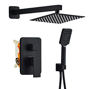 Anksaysh 8 Inch Shower System with Tub Spout, Black Shower Faucet Set for Bathroom, Square High Pressure Shower Head, 2-Setting Handheld Faucets Sets, Wall Mounted Rainfall Shower Valve Kit