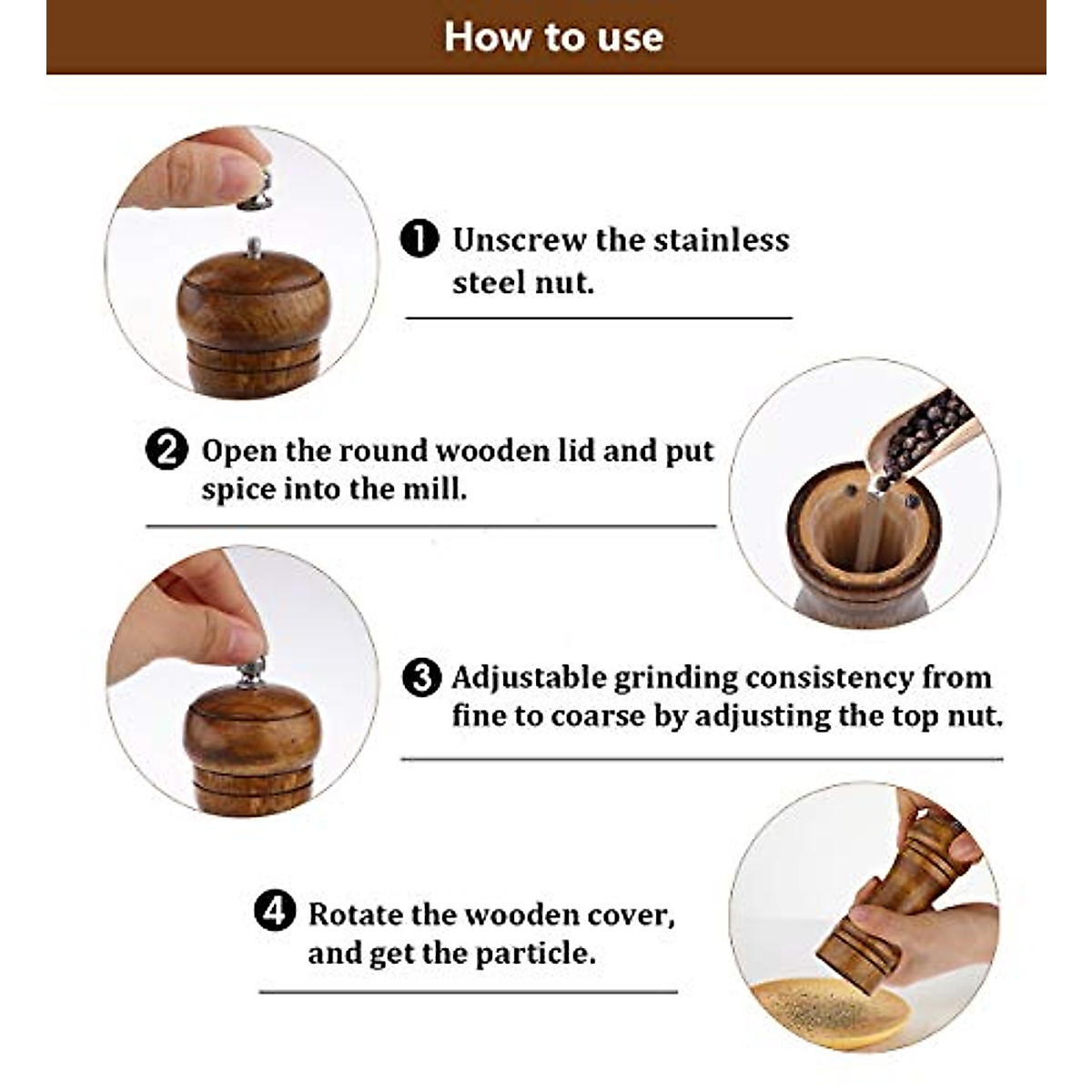 Salt and Pepper Grinders Set,Ouktor Manual Wooden Salt and Pepper Mills Shakers, Ceramic Rotor with Strong Adjustable Coarseness (5.5inch)