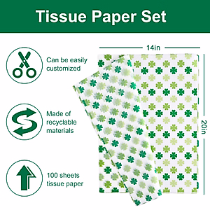 Whaline 100 Sheets St Patrick's Day Tissue Paper Clover Green White Gift Wrapping Paper Shamrock Pattern Decorative Art Paper for DIY Craft Birthday Holiday Decoration, 14 x 20 Inch