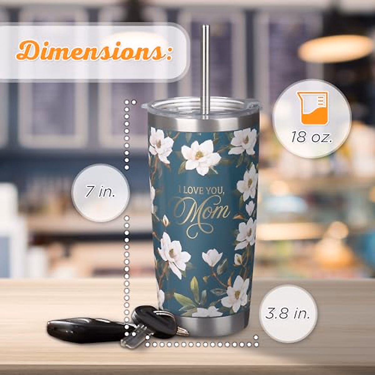 Christian Art Gifts Large Stainless Steel Double Wall Vacuum Insulated Travel Tumbler for Mothers: Love You, Mom, Inspiring Scripture, Hot/Cold, Flip Top Lid, Resusable Straw, Dark Teal Floral, 18 oz.