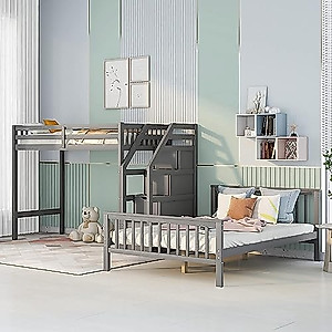 Harper & Bright Designs Twin Over Full Bunk Beds with Storage Stairs, Wooden Stairway Bunk Beds with Removable Bottom Bed and Guardrails for Kids Girls Boys,No Box Spring Needed (Grey)