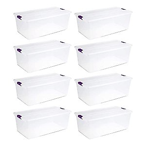Sterilite 110 Qt ClearView Latch Storage Box, Stackable Bin with Latching Lid, Plastic Container Organize Clothes in Closet, Clear Base, Lid, 8-Pack