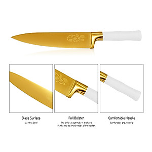 Gold Knife Set with White Handle, 14PCS Premium Quality Titanium Coated Hollow Handle Kitchen Knife Sets, Stainless Steel Chef Gold Kitchen Knife Sets with White Block, Non-slip Ergonomic Handle