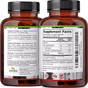 Zazzee D-Mannose, 1000 mg per Serving, 180 Vegan Capsules, 3 Month Supply, Potent & Fast-Acting, Certified Kosher, 100% Pure, All-Natural Urinary Tract Health UTI Support, 100% Vegetarian, Non-GMO