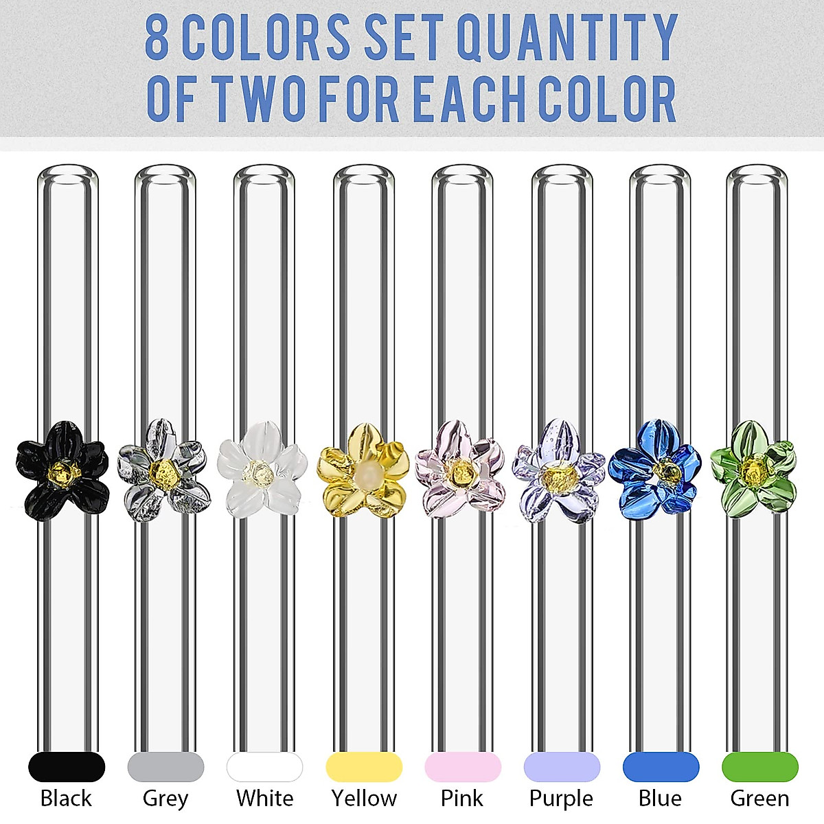 16 Pieces Reusable Glass Straw with Flower Cute Colorful Glass Straws with Design 7.87 x 0.31" Shatter Resistant Bend Straws and Cleaning Brush for Cocktail Hot or Cold Drinks