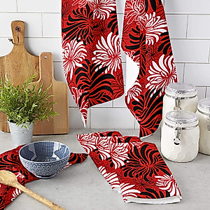 Kitchen Towels Set Black White Chrysanthemums Tea Towel Microfiber Absorbent Washable Flower Petals Red 2 Pack 18x28 Inches Absorbent Soft Cotton Dish Cloths Bar Towels & Tea Towels