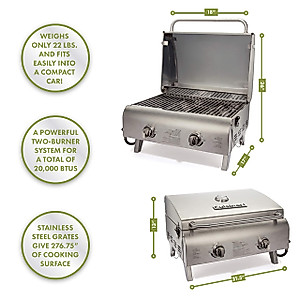 Cuisinart CGG-306 Chef's Style Portable Propane Tabletop 20,000, Professional Gas Grill, Two 10,000 BTU Burners, Stainless Steel