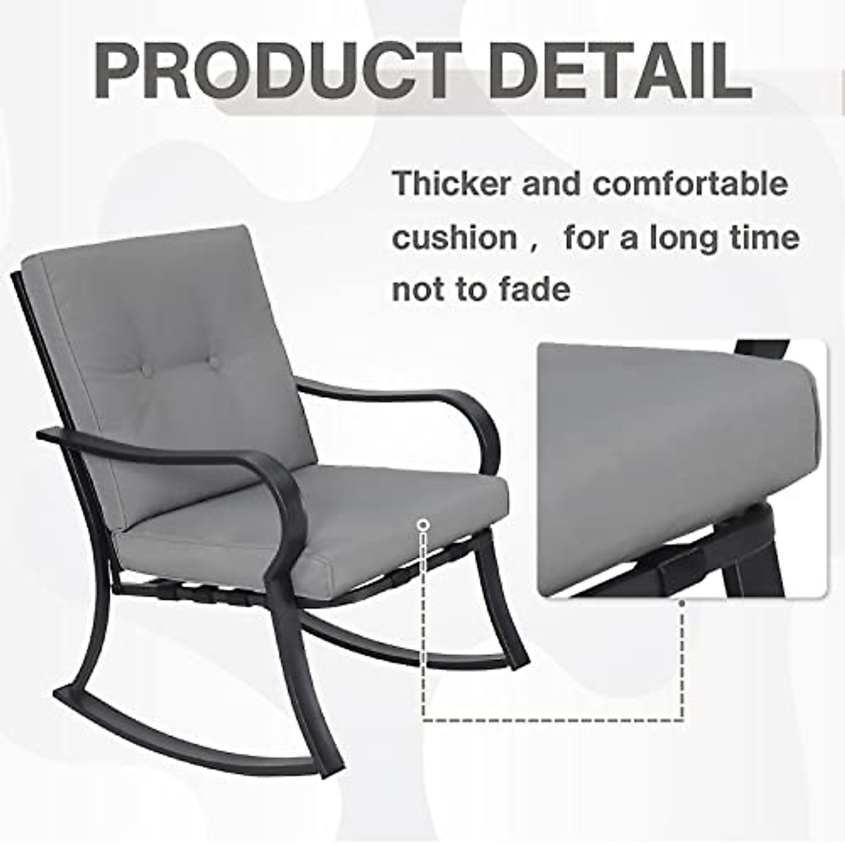 Omelaza 3 Pieces Outdoor Rocking Bistro Set, Patio Steel Furniture, Porch Chairs Conversation Set with Thickened Cushion and Glass Top Coffee Table (Grey)