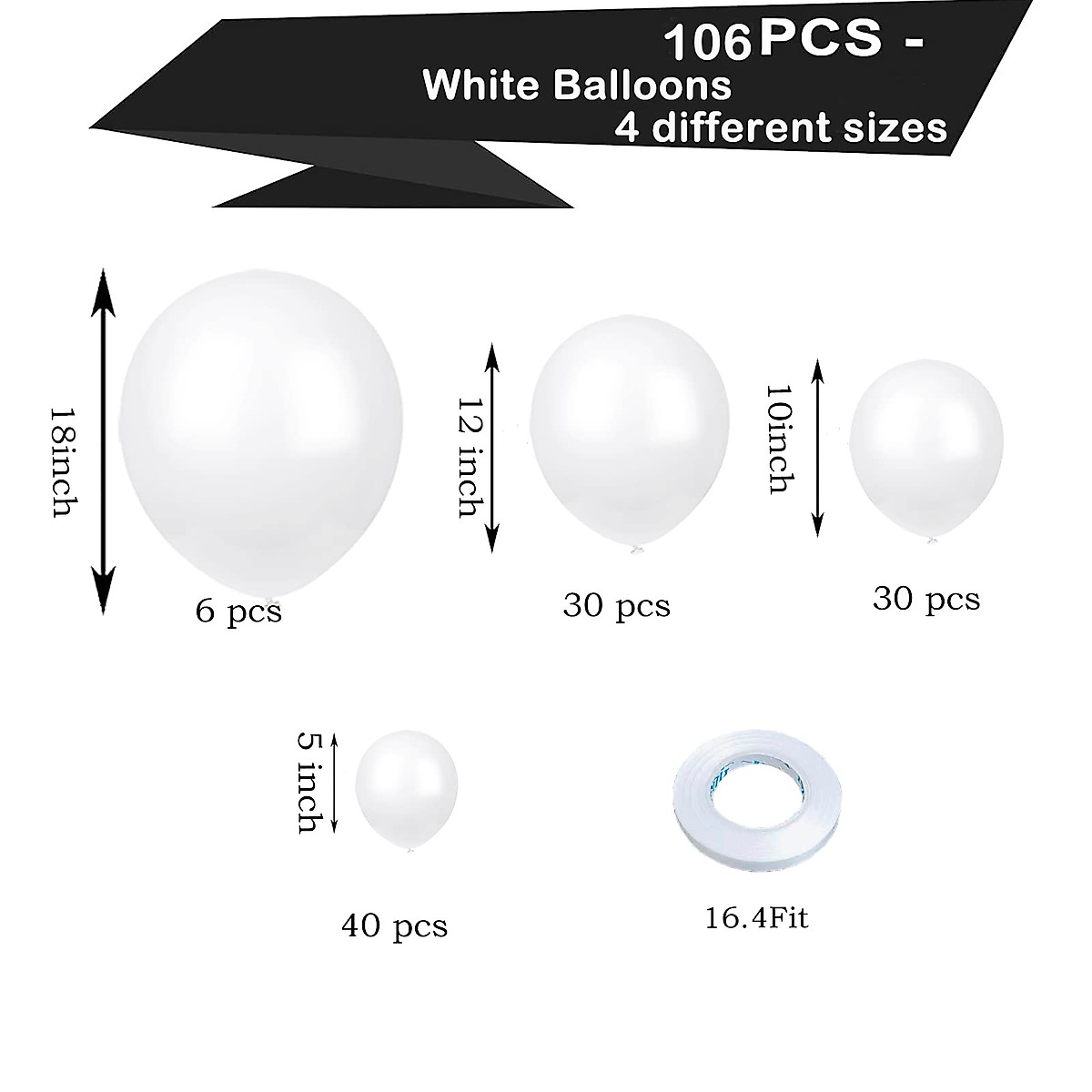White Balloons,106pcs White Balloon Garland Arch Kit with 18+12+10+5 inch Different Sizes Latex Balloons for Birthday Wedding Baby Shower.