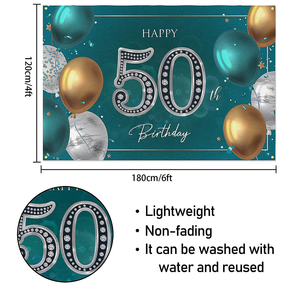 HAMIGAR 6x4ft Happy 50th Birthday Banner Backdrop - 50 Years Old Birthday Decorations Party Supplies for Women Men - Green Silver