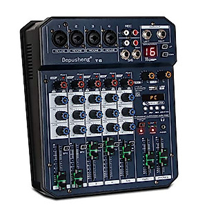 Depusheng T6 Audio Mixer 6-CHANNEL DJ Sound Controller Interface with USB Soundcard for PC Recording, XLR Microphone Jack PLUS HEADPHONE JACK, 5V USB Power CONNECT,FX 16Bit DSP Processor