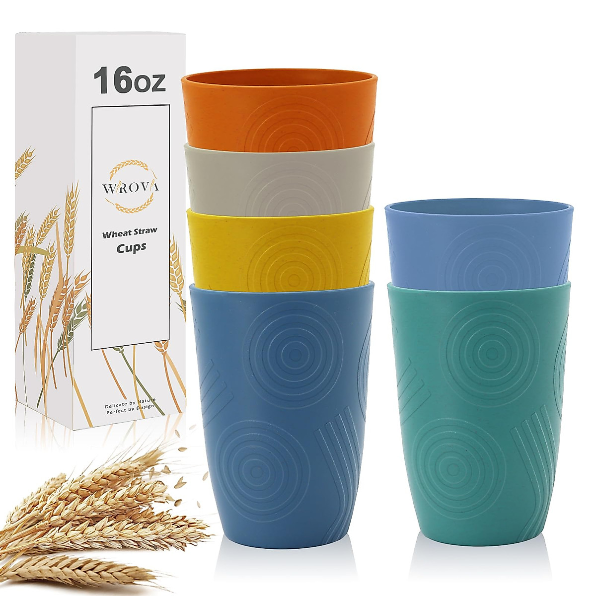 Wrova Wheat Straw Cups 16oz set of 6 with Etched Pattern - Alternative Plastic Cups Dishwasher Safe - Plastic Drinking Cups Unbreakable for Kids - Colorful Series