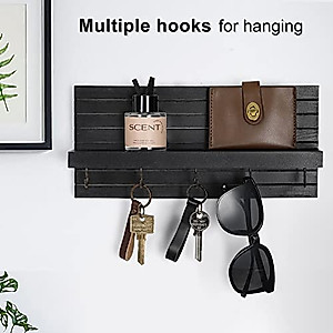 Decorative Key Holder for Wall with Shelf, Entryway Shelf with Hooks Holds Leashes, Jackets and Glasses – Sturdy Wood Keyholder Entrance Hanger with Mounting Hardware (11.8” x 5.5” x 3.1”) (Black)
