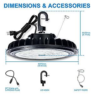 LED UFO High Bay Light, 150W 140LM/W 5000K 1-10V Dimmable,21000LM,IP65 Waterproof,UFO Highbay with 5' cable of US Plug for Commercial Bay Lighting Warehouse Workshop Wet Location, ETL Listed (Black)