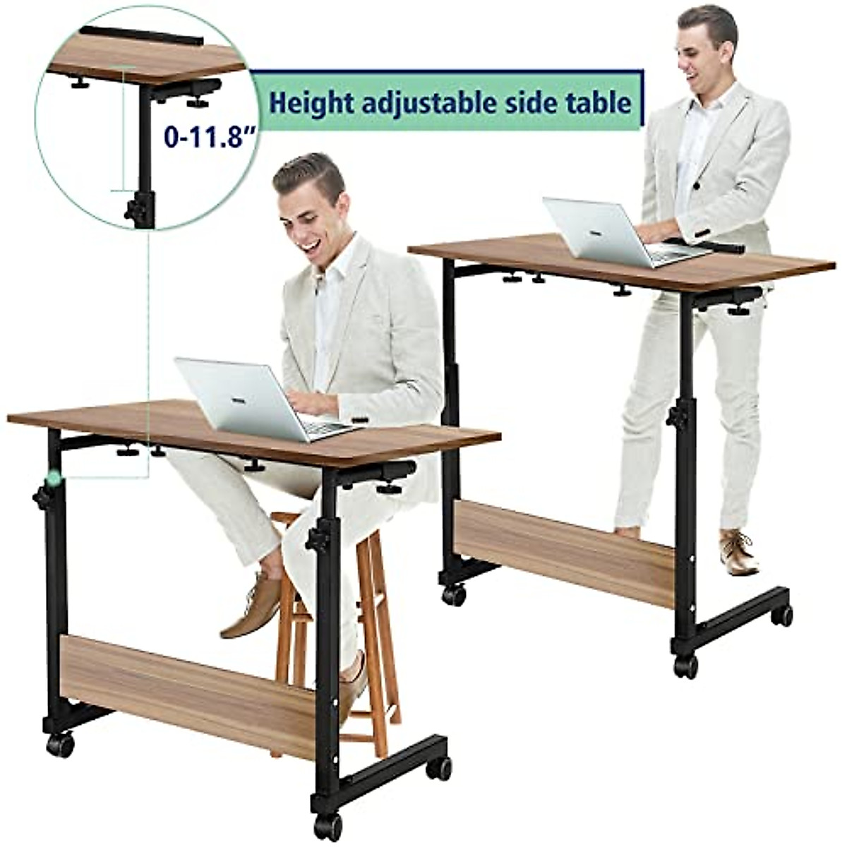 Laptop Cart 31.5" Mobile Table Movable Sofa Side Table with Tilt Tabletop Portable Tray Table for Home Office Height Adjustable Notebook Computer Workstation with Lockable Wheels (Oak)