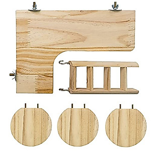 SIVEIS Hamster Natural Wooden Platform, L-Shaped Pedal Wooden Platform Pet Toy, 3 Pieces of Wooden Round Hamster Station Board and 1 Piece Stairs, Chinchilla Parrots Bird Cage Accessories