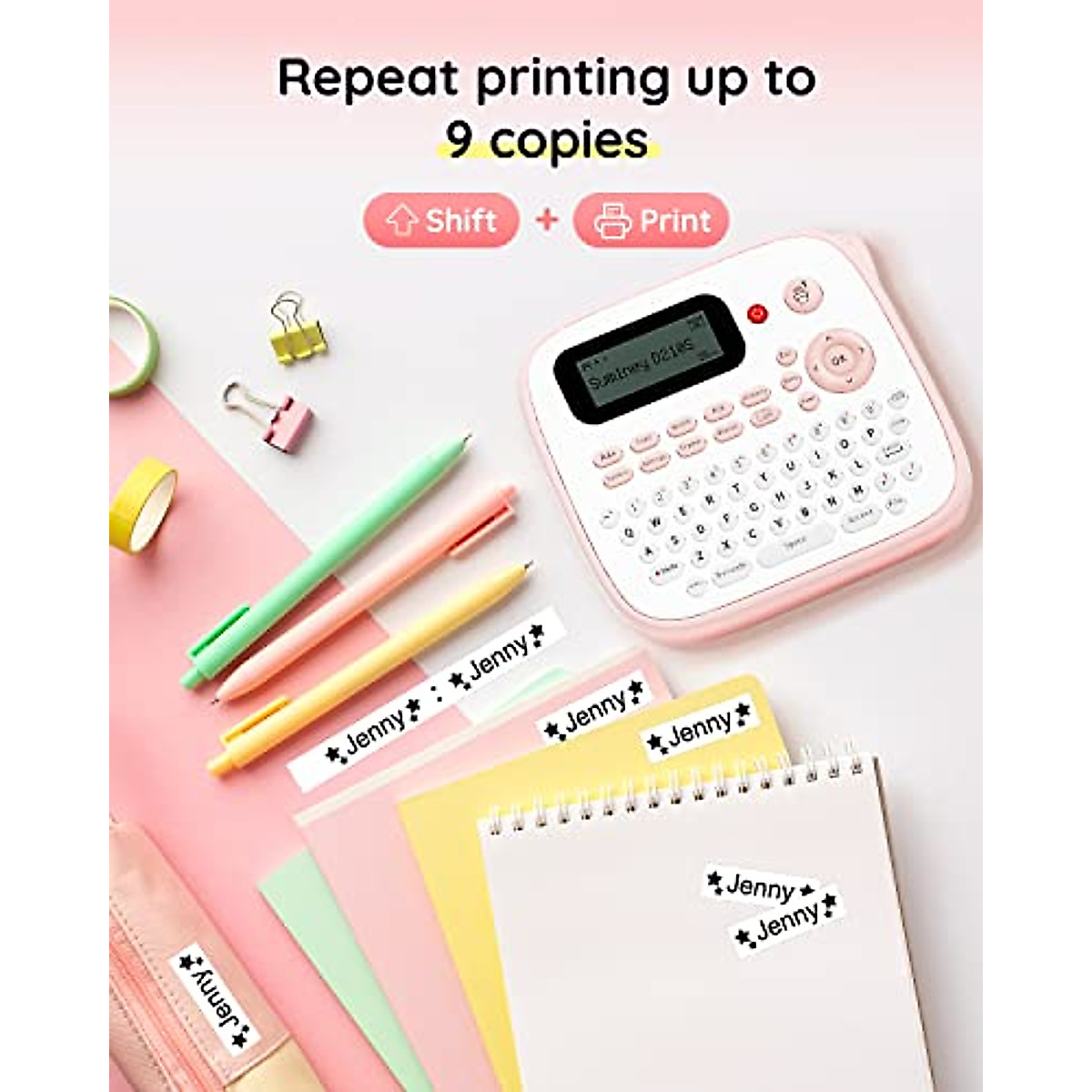Pink Label Maker Machine with Tape D210S Portable Labeler Label Printer for Labeling with 4 Laminated Label Tapes JM231, QWERTY Keyboard Label Maker, AC Adapter Easy-to-Use, Multiple Line Labeling