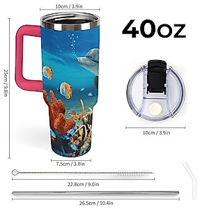 LLUTSNTH 40 Oz Vacuum Tumbler with Light Rose Red Handle Leakproof Insulated Tumbler Dolphins Blue Stainless Steel Travel Mug with Lid And Straw Coffee Cup Cute Water Bottles Cup Holder Friendly