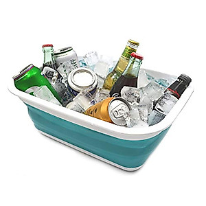 SAMMART 2 pcs Set : 42L (11 Gallon) Collapsible Plasic Laundry Basket & 9.2L (2.37 Gallon) Collapsible RectangularTub (Laundry Basket+Tub, Light Green+Bright Blue)