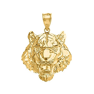 Fine 14k Yellow Gold Roaring Tiger Head Animal Necklace Pendant, 1.31"