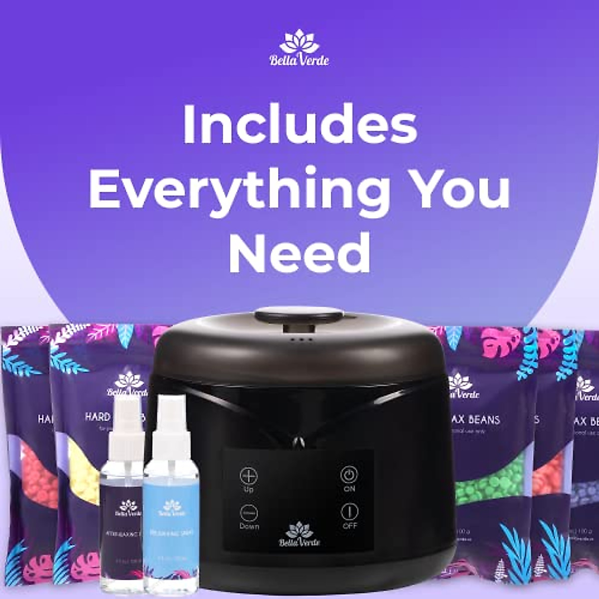 Bella Verde Waxing Kit - Home Wax Kit for Women and Men - Wax Warmer with LED display - 5 Packs of Wax Beads - Wax Pot - Pre & Post Wax Spray 20 Wood Sticks - Hard Wax Beans for Brazilian Body Legs Eyebrows Face Lips Armpits