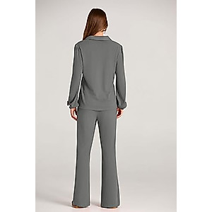 PRETTYGARDEN Women's Fall 2024 Two Piece Tracksuit Outfit Long Sleeve Lapel V Neck Tops Blouses Wide Leg Pants Matching Set (Grey,Large)