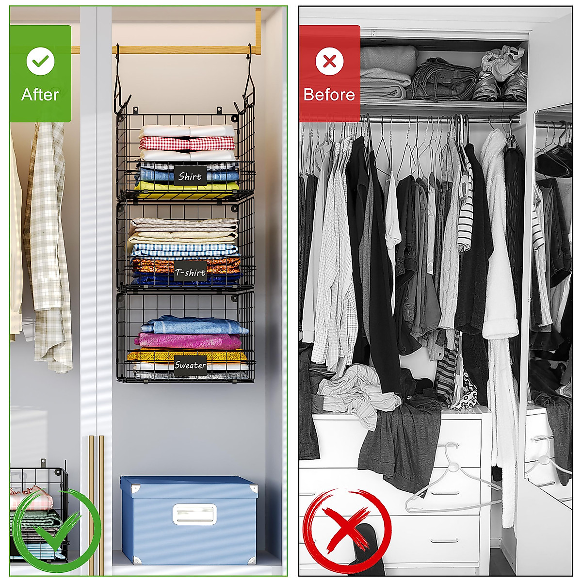 Sonyabecca 3-Tier Hanging Closet Organizer with Name Plate, Clothes Hanging Shelves 5 S Hooks, Wall Mount & Cabinet Foldable Wire Storage Basket, for Clothing Sweaters Handbags