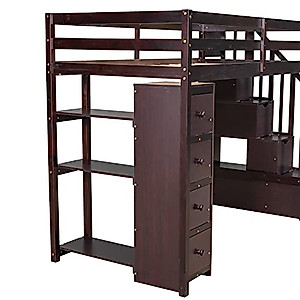 Merax Twin Size Loft Bed, Loft Bed Frame with Storage Drawers and Stairs, Wooden Loft Bed with Shelves, Espresso