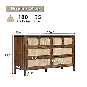 QEIUZON 6 Drawer Dresser, Modern Rattan Dresser Chest with Wide Drawers and Metal Handles, Farmhouse Wood Storage Chest of Drawers for Bedroom, Living Room, Entryway (Walnut-6 Drawers)