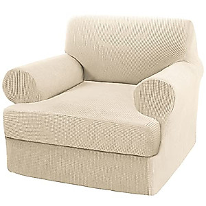 Turquoize 2 Pieces Sofa Covers T Cushion Chair Slipcover T Cushion Chair Covers Stretch Couch Cover Soft Armchair Cover Furniture Covers with Individual T Cushion Seat Covers, (Chair, Biscotti Beige)