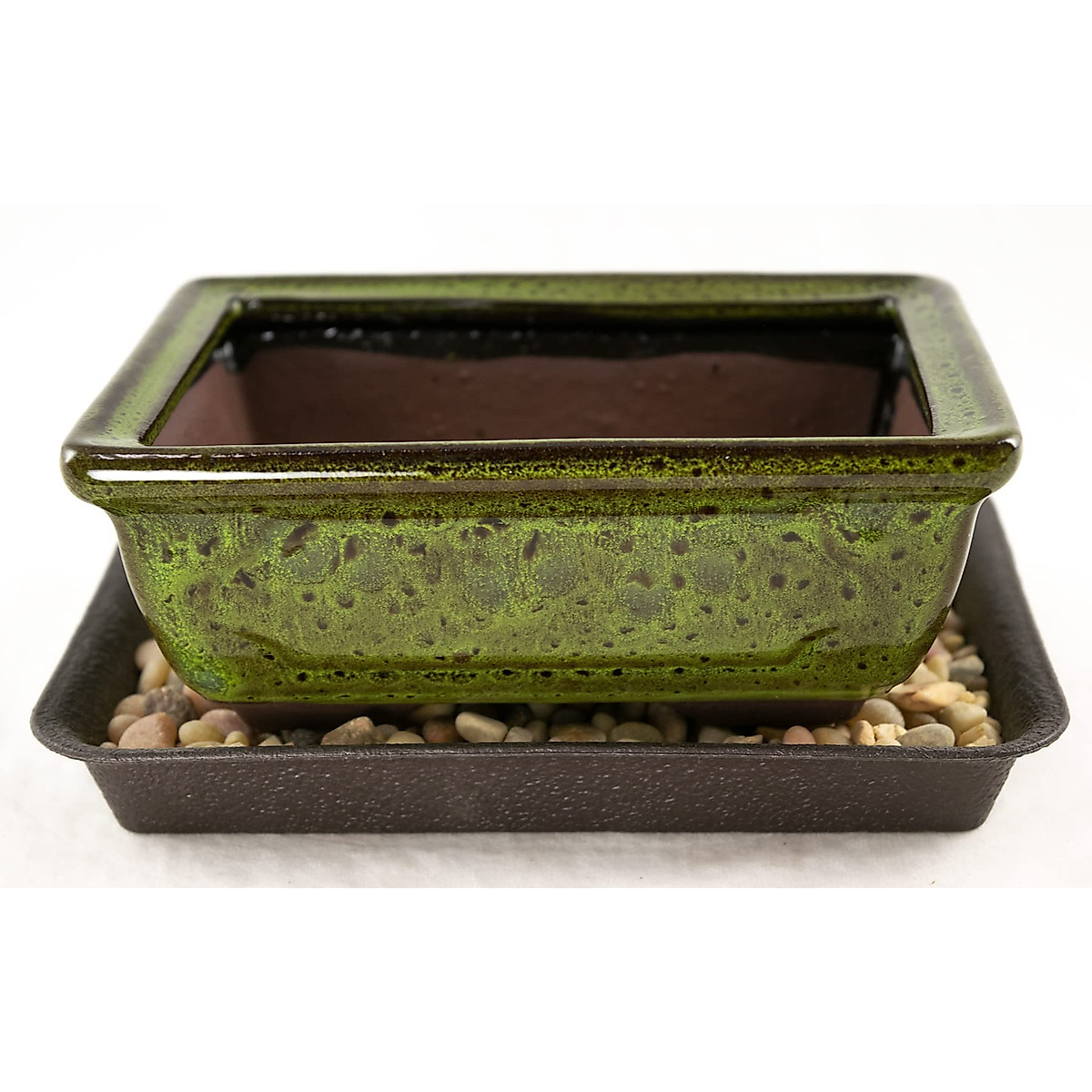 Calibonsai 6inch Rectangular Moss Green Shohin Bonsai/Succulent Pot + Tray + Rock + Mesh Combo, Blue,green