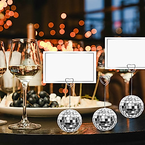 Whaline 60Pcs 2 Inch Disco Ball Table Number Holders Place Cards Set Silver Tented Cards Name Cards Stands with Heart Swirl Wire for Wedding Party Table Sign Display Supplies